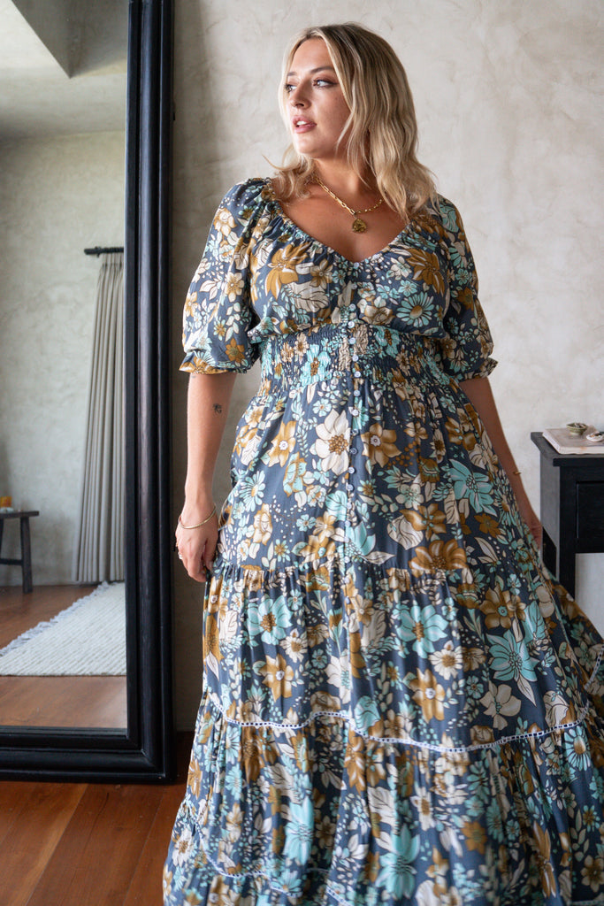 Eclectic Bohemian Fortune Teller Maxidress Short Sleeve Misty Blue - L – Eastern Eclectica